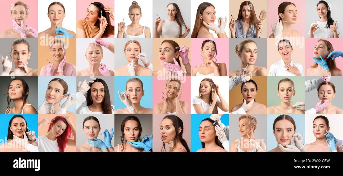 Collage of women receiving beauty injections on color background Stock ...