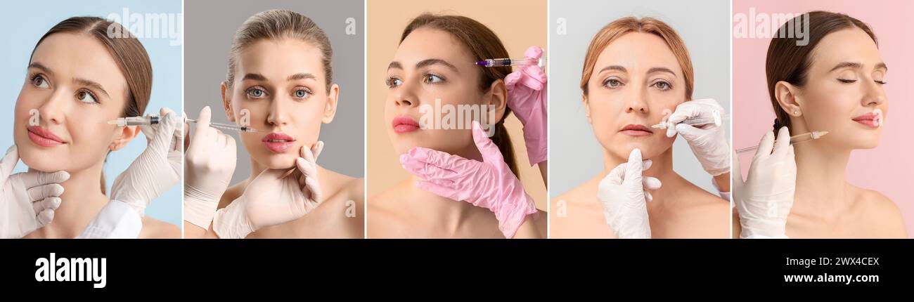 Group of women receiving beauty injections on color background Stock ...