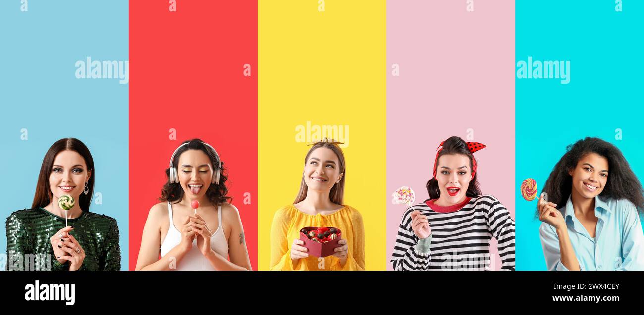 Set of young women with tasty candies on color background Stock Photo ...