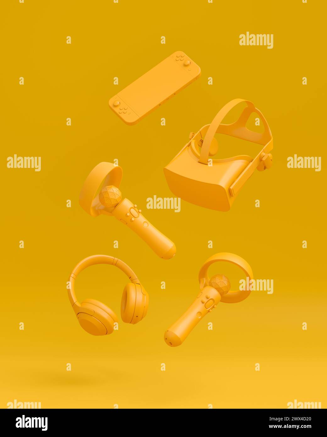 Flying gamer monochrome gears like mouse, keyboard, joystick, headset ...