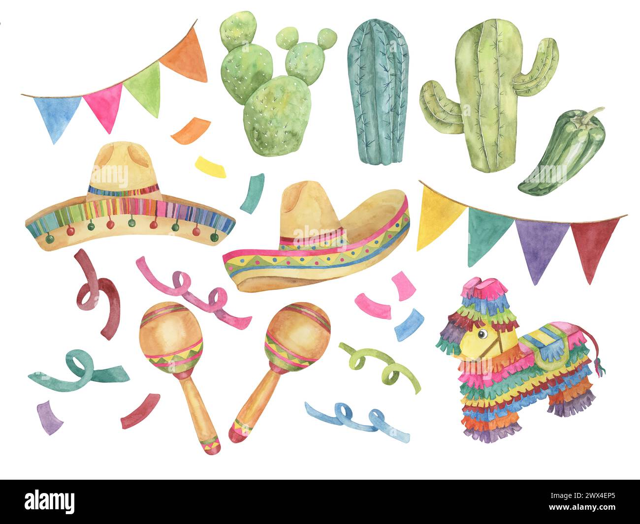 Cinco de Mayo hand drawn set of design elements in watercolor. Colorful ...