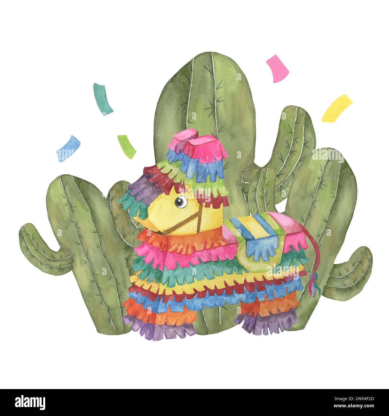 Donkey pinata and three cacti in watercolor. Illustration of the ...