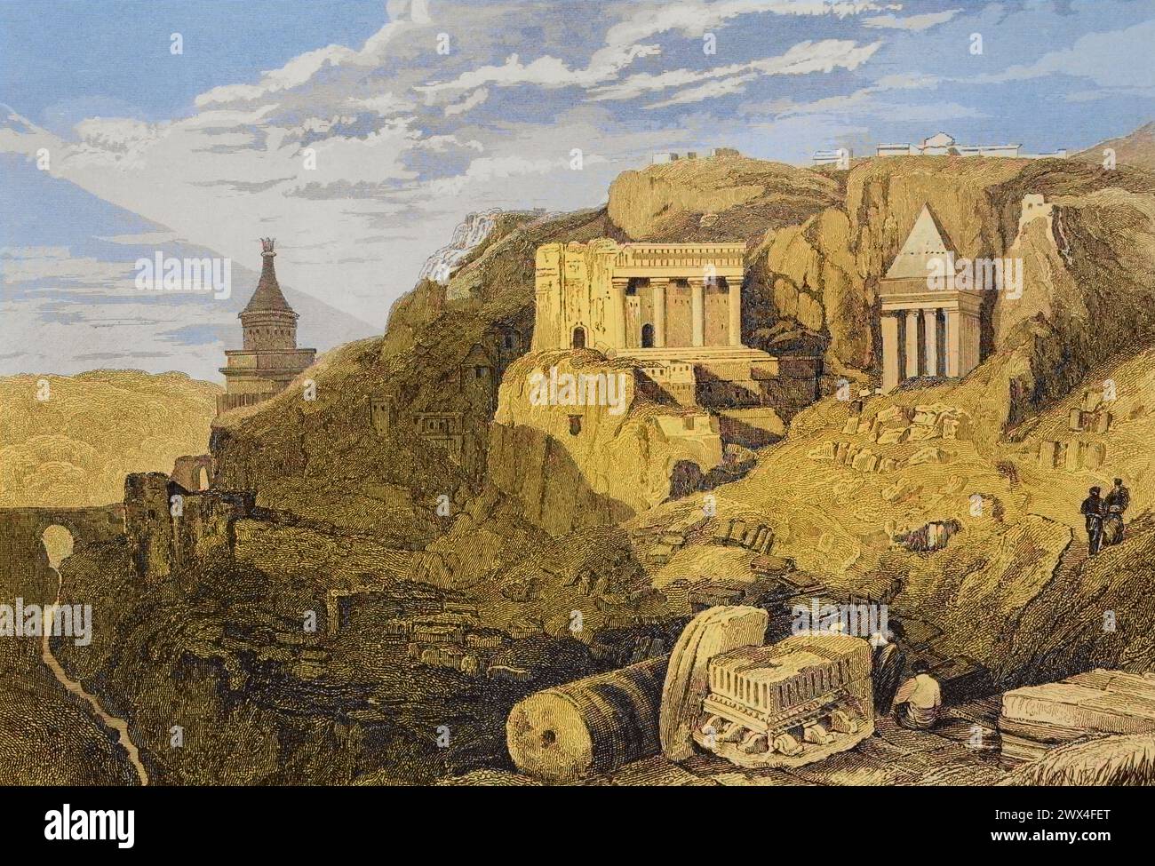 Jerusalem. Valley of Josaphat. Engraving by Aubert. Later colouration ...