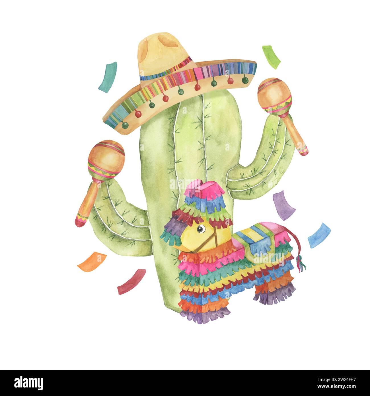 Cactus in sombrero with maracas and pinata. Watercolor illustration of ...