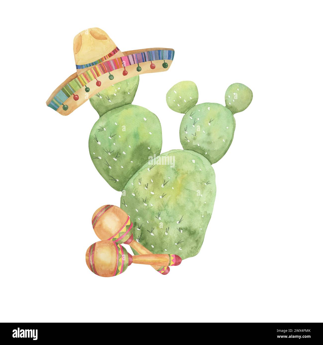 Cactus in sombrero with maracas. Watercolor illustration of succulent ...