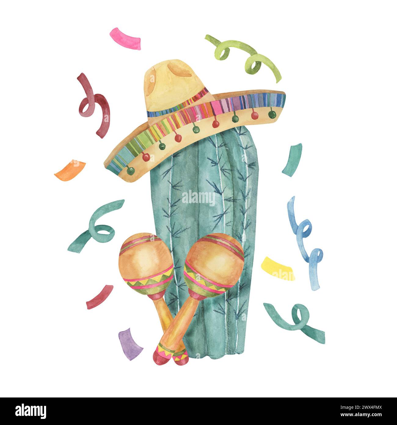 Cactus in sombrero with maracas and confetti. Watercolor illustration ...