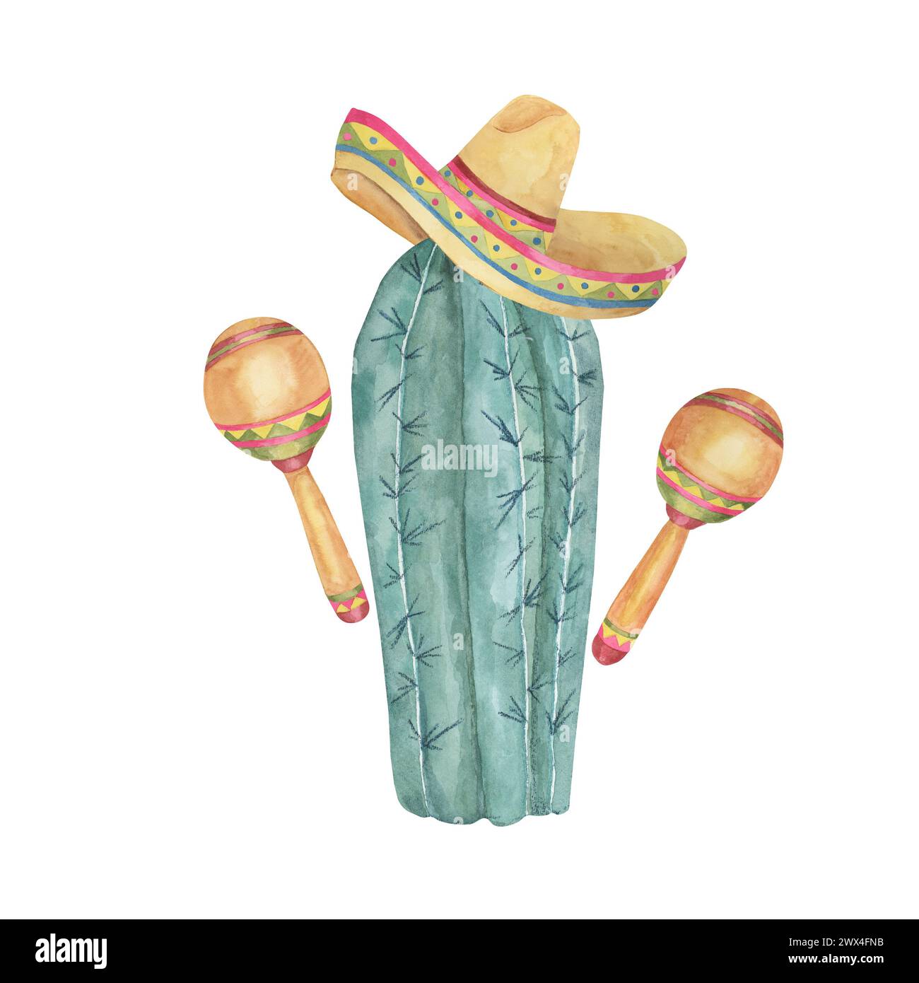Cactus in sombrero with maracas. Watercolor illustration of succulent ...