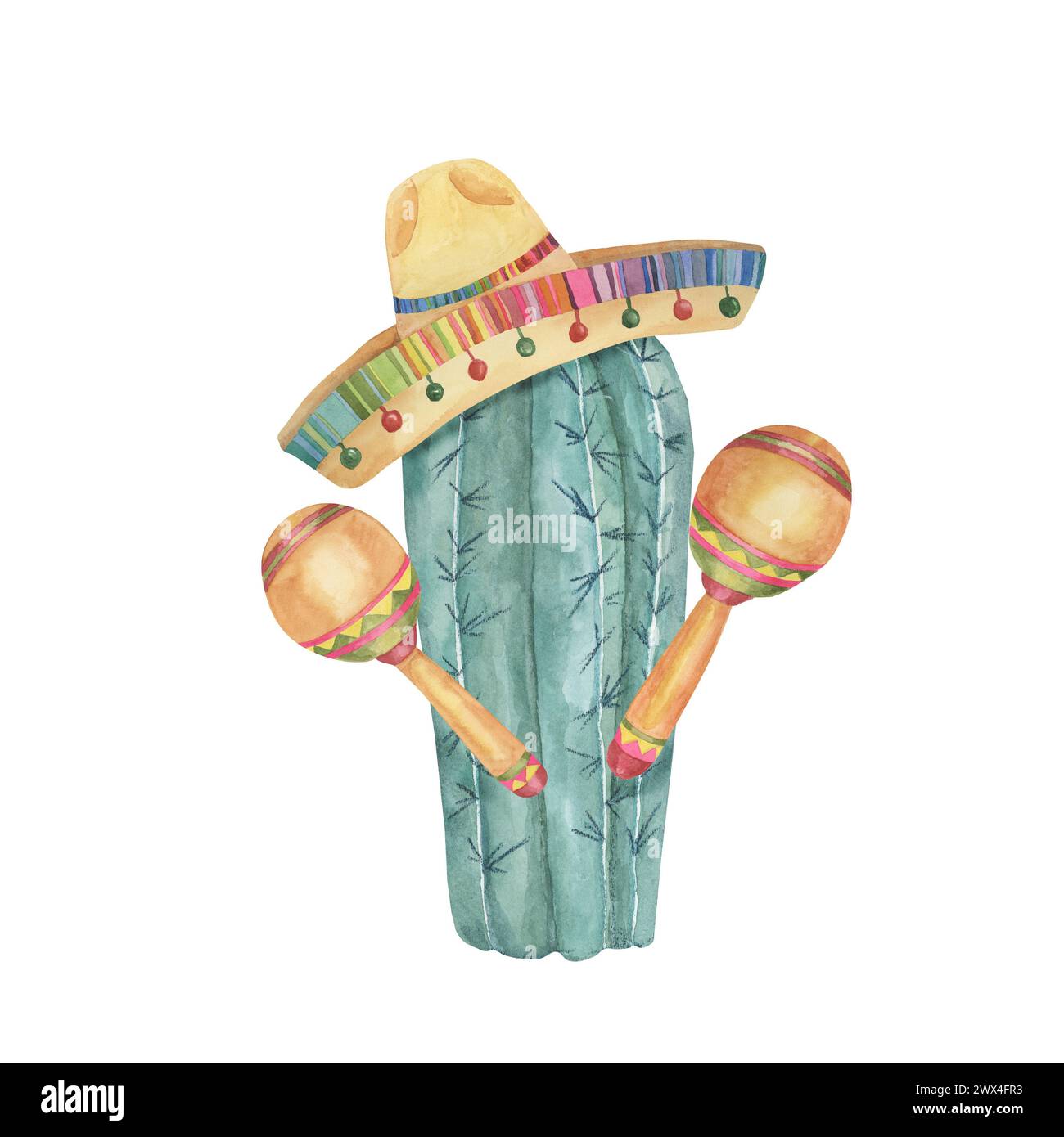 Cactus in sombrero with maracas. Watercolor illustration of succulent ...
