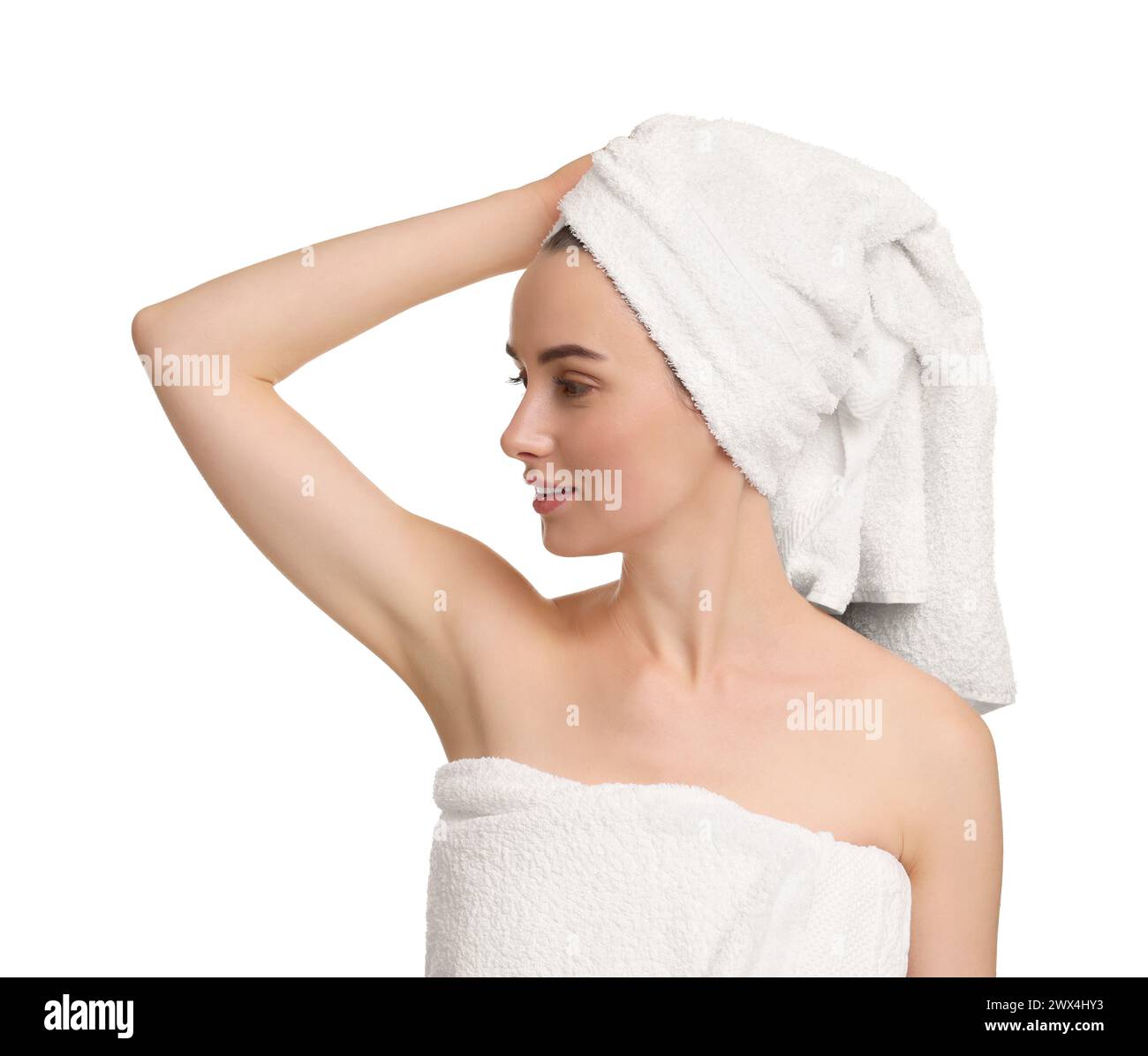 Beautiful woman showing armpit with smooth clean skin on white ...