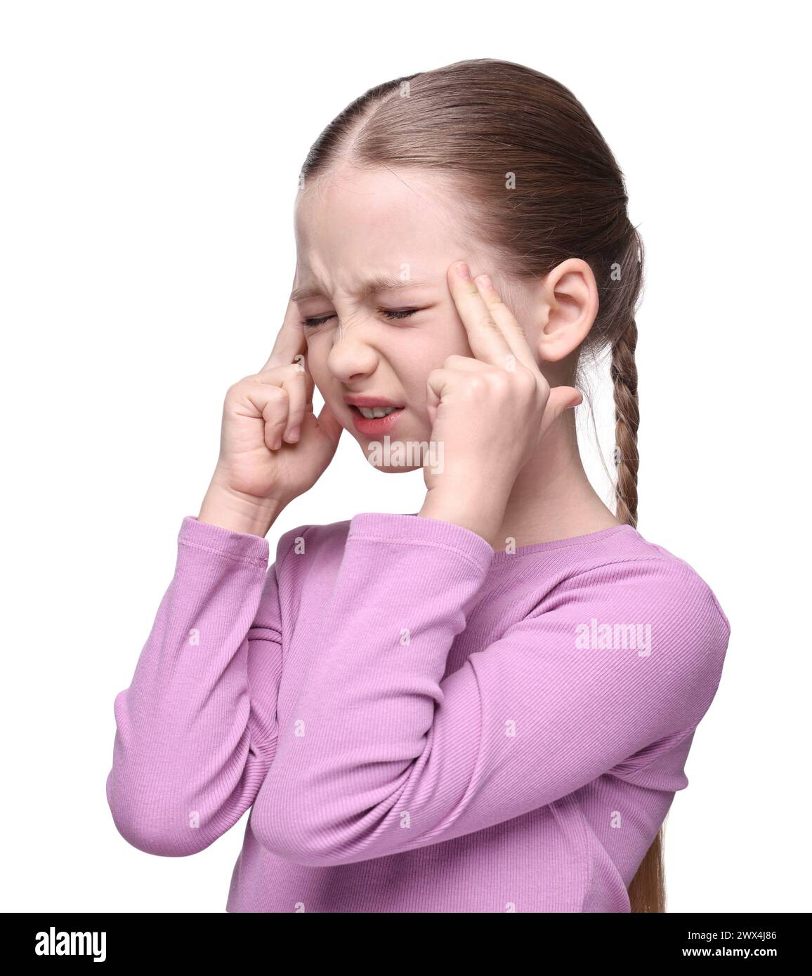 Little girl suffering from headache on white background Stock Photo - Alamy