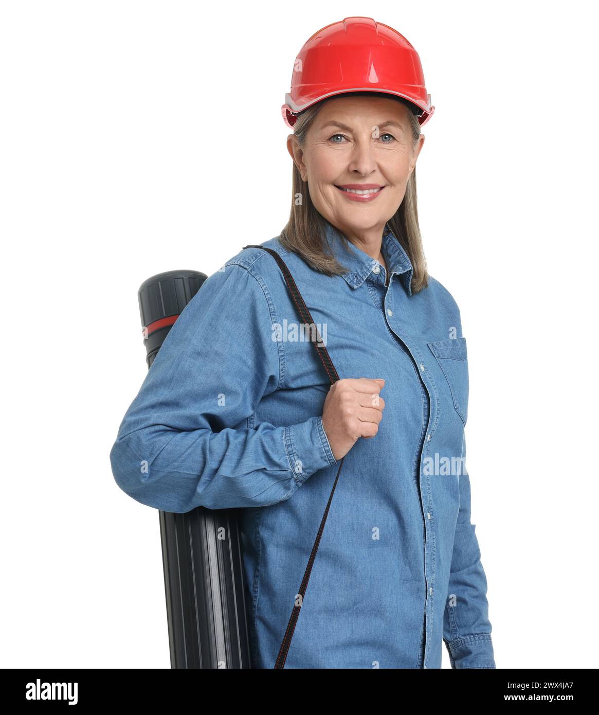 Architect in hard hat with tube on white background Stock Photo - Alamy