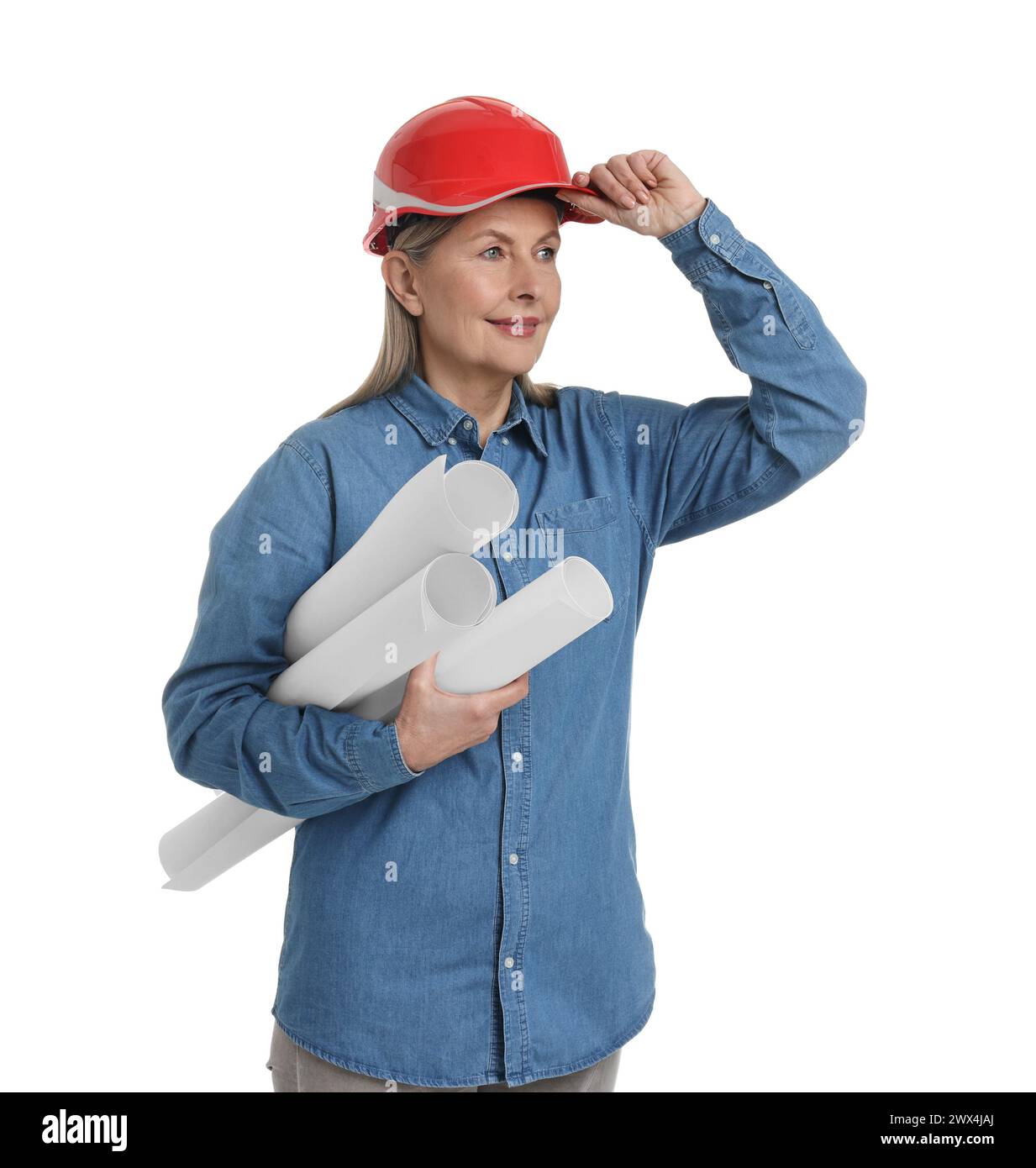 Architect in hard hat with drafts on white background Stock Photo - Alamy