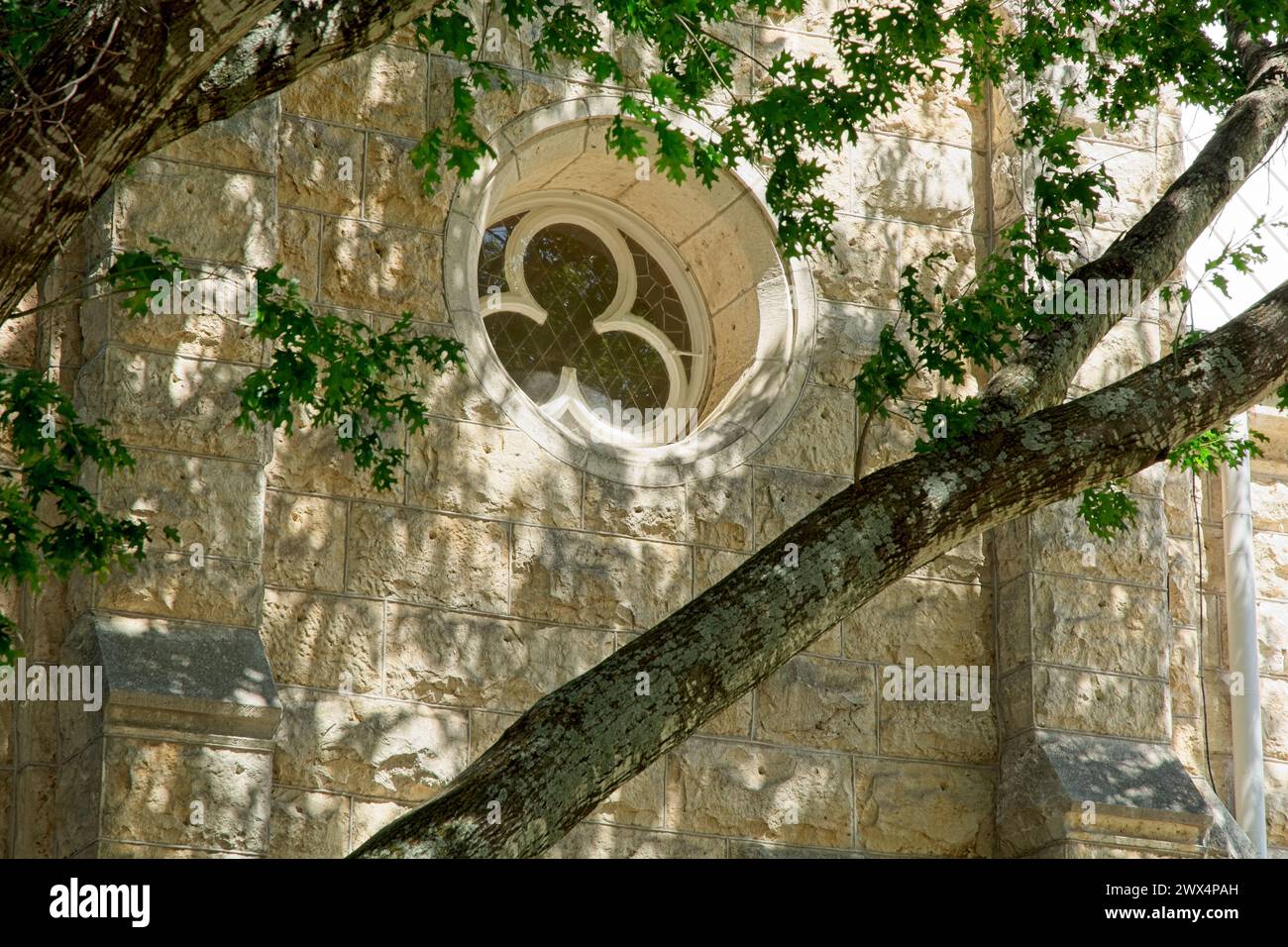 Rose window in limestone wall of 1908 Gothic style St. Mary’s Catholic ...