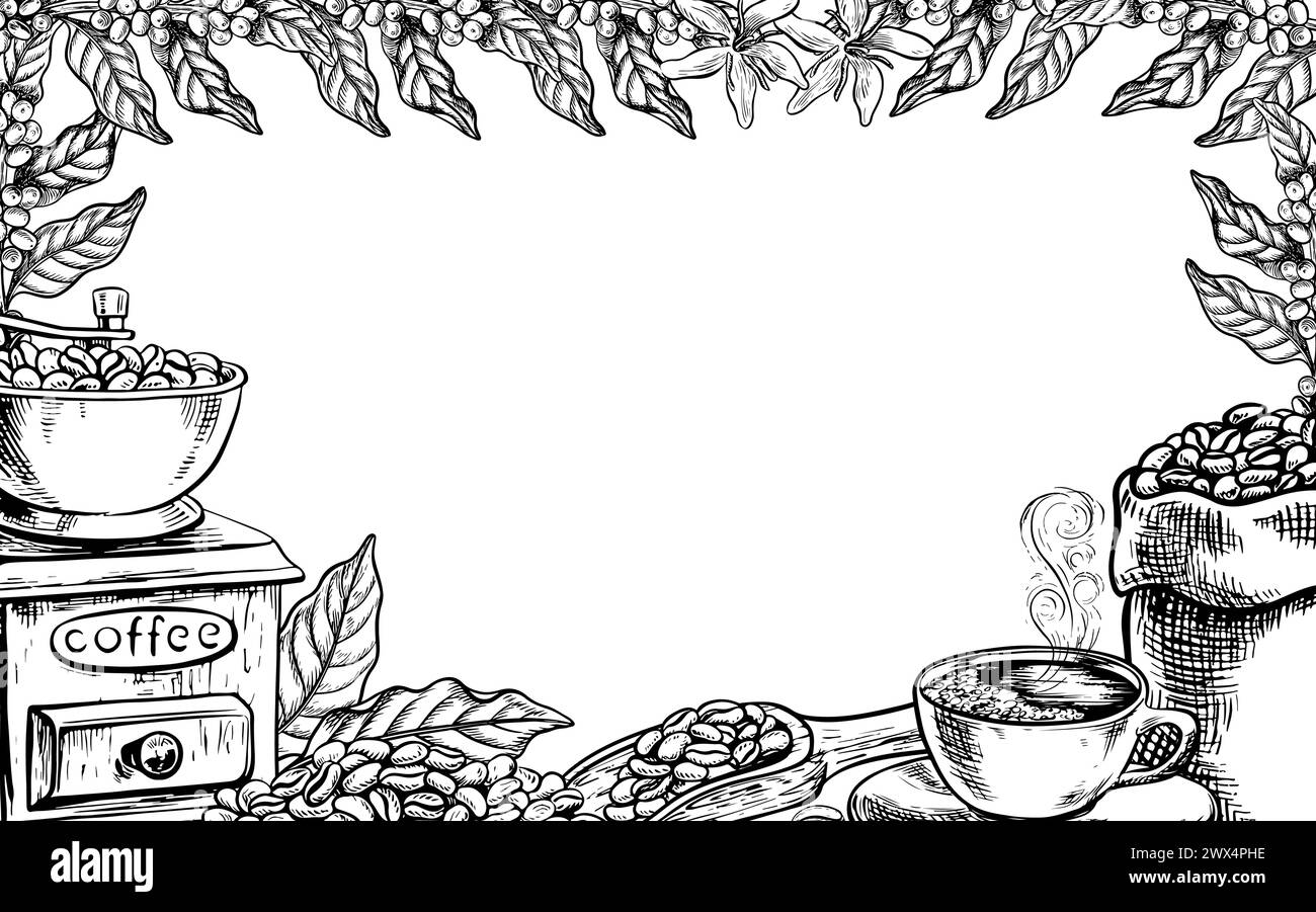 Coffee frame. An antique coffee grinder, a bag of beans and a cup of ...