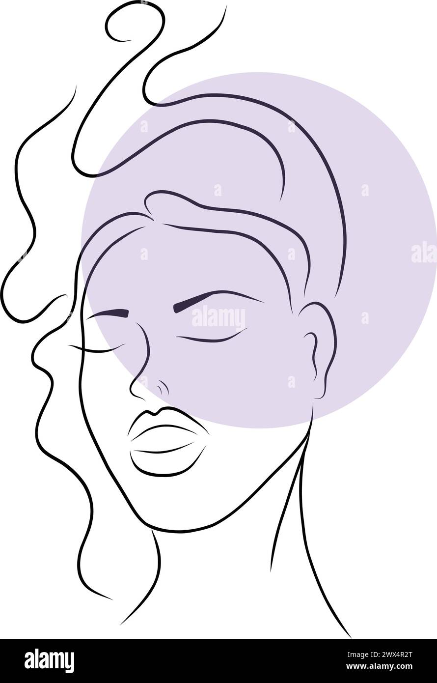 Woman Face Line Art With Free Hair Style In Pastel Violet Shades