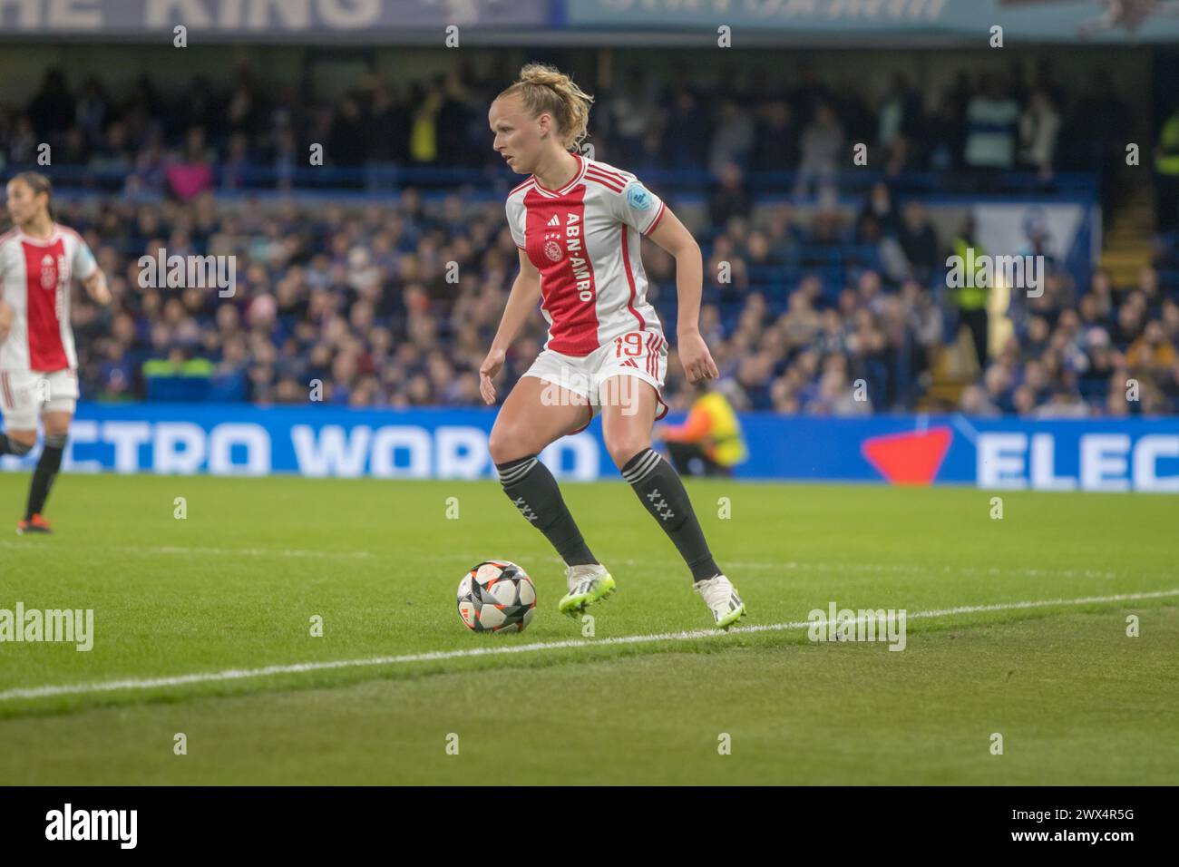 Stamford Bridge, London, UK. 27th Mar, 2024. Tiny Hoekstra (19 Ajax) in action during the UEFA ...