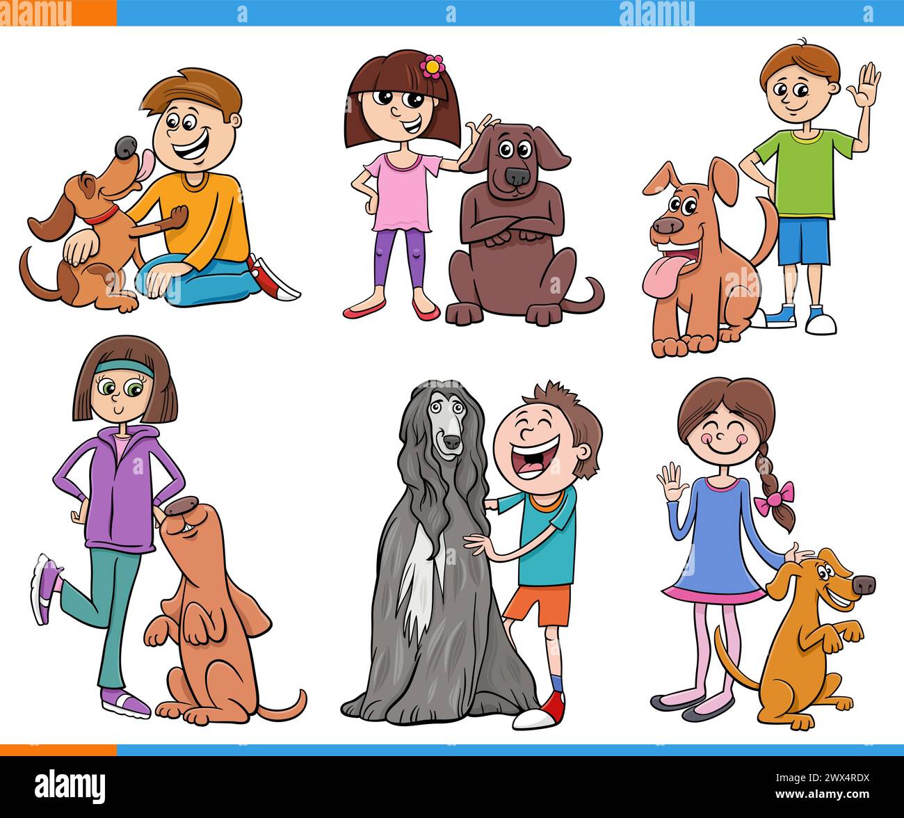 Cartoon illustration of children or teens with their dogs characters ...