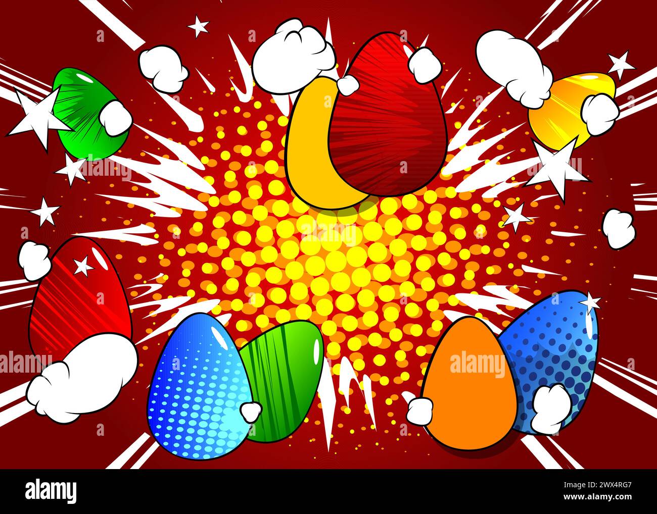 Cartoon Easter eggs, comic book holiday background. Retro vector comics ...