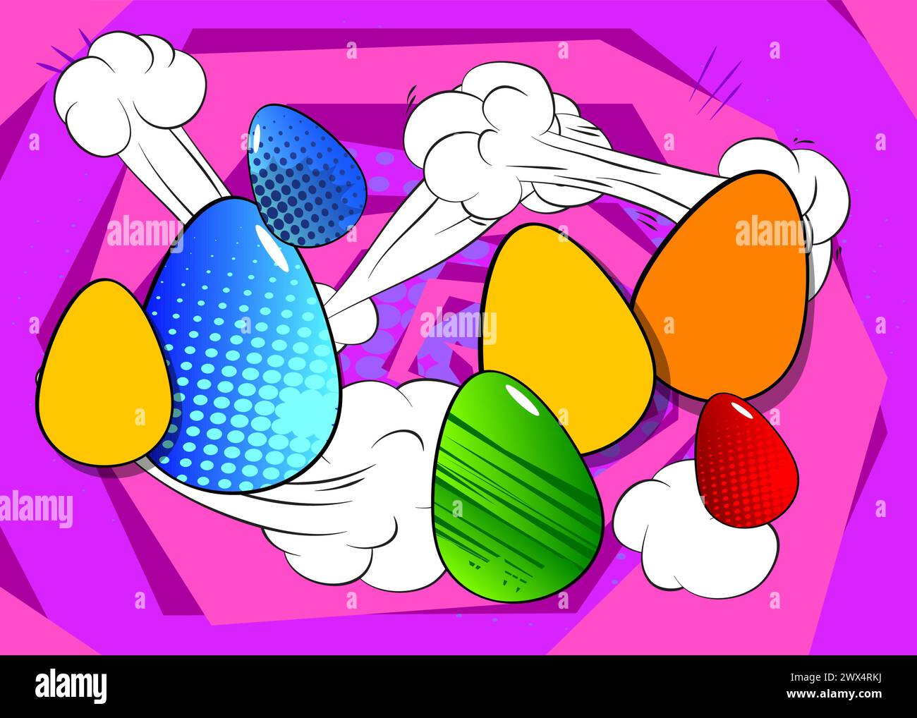 Cartoon Easter eggs, comic book holiday background. Retro vector comics ...