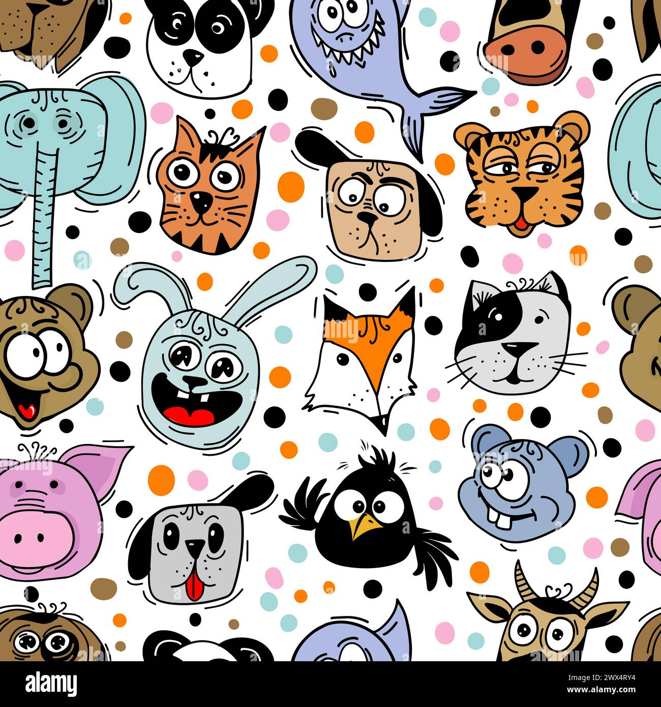 Seamless pattern of colored funny animals. Not AI, Color flat Vector ...