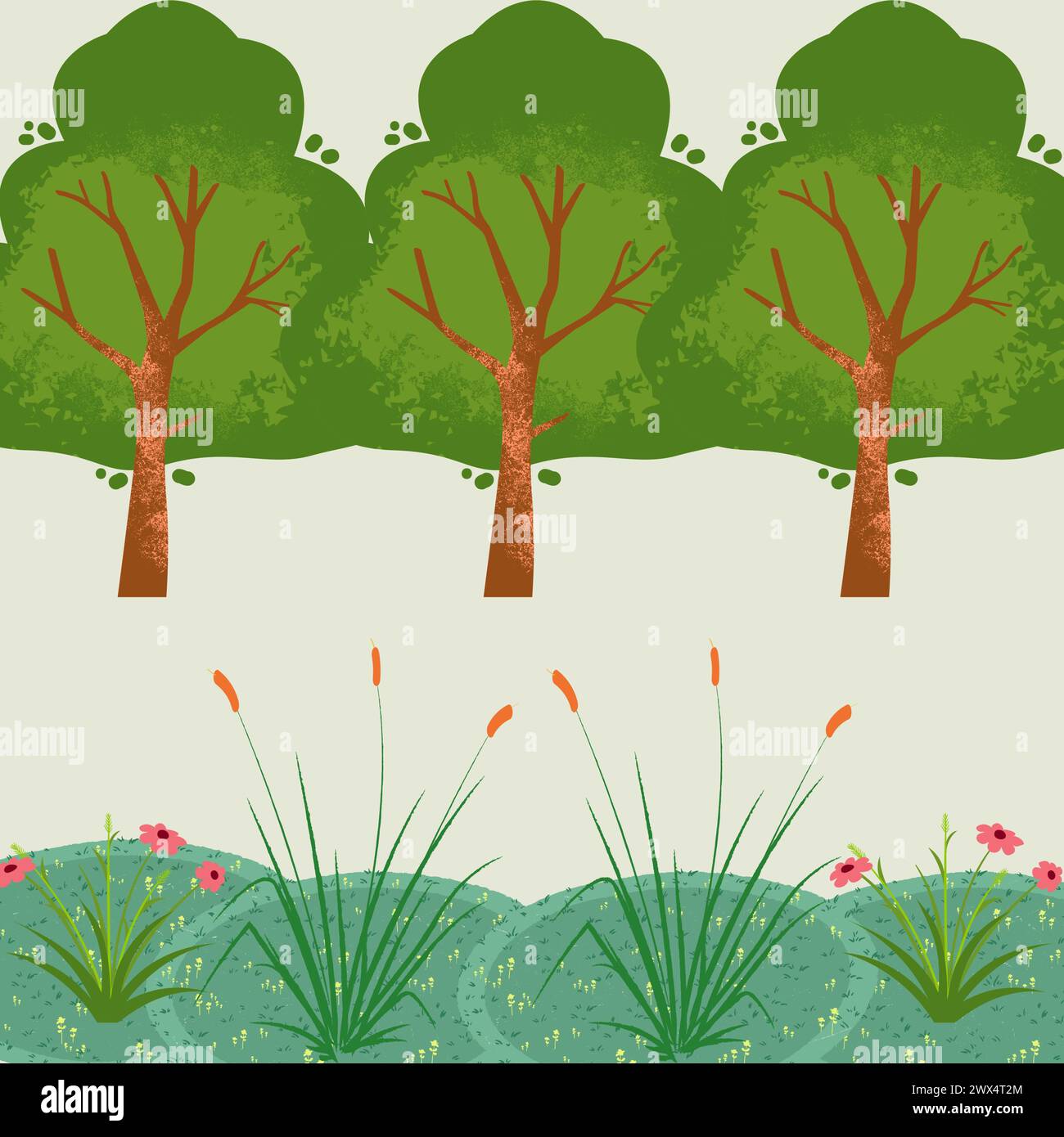 A painting of a forest in colour, a minimal drawing of plants and trees ...