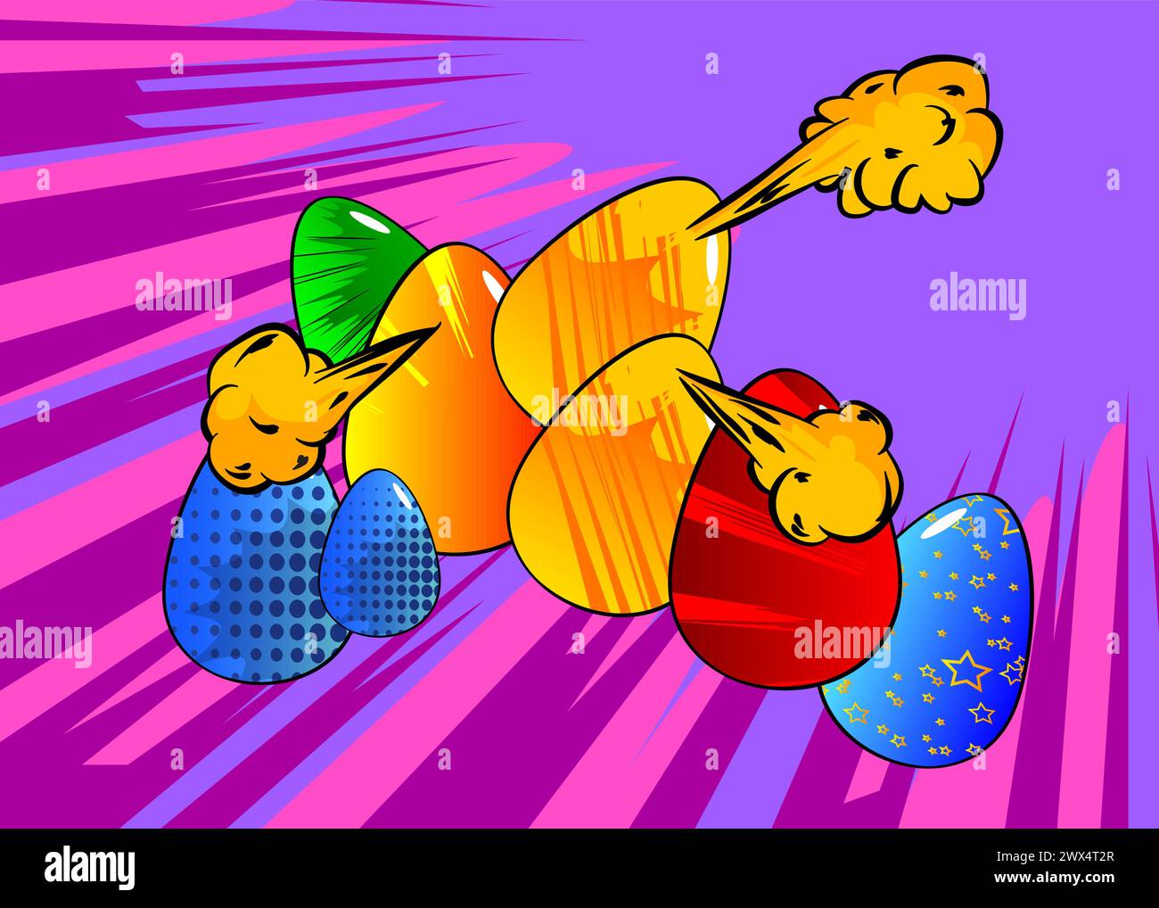 Cartoon Easter eggs, comic book holiday background. Retro vector comics pop art design Stock ...