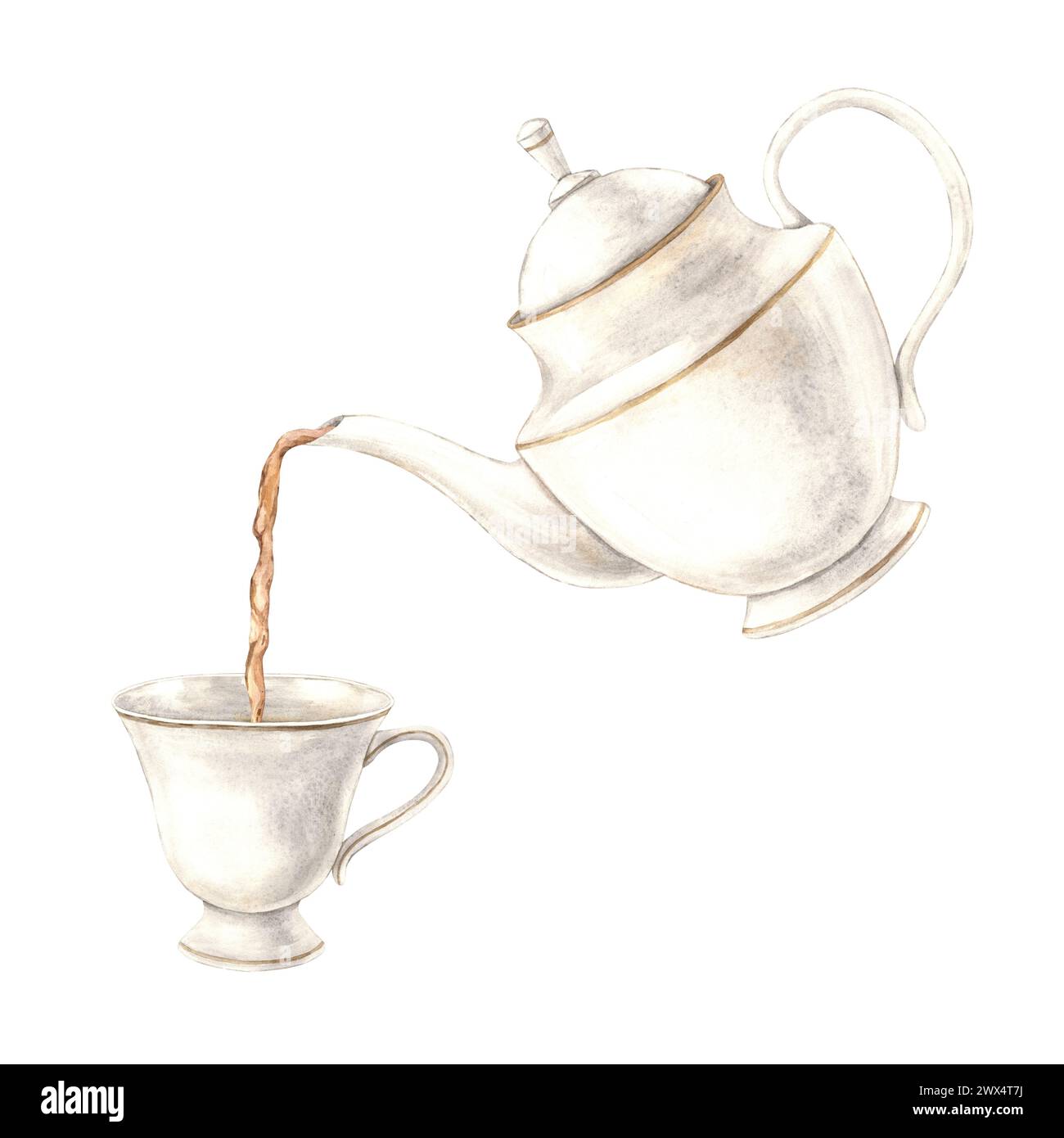 Watercolor composition of a teapot pouring tea into a mug. The ...