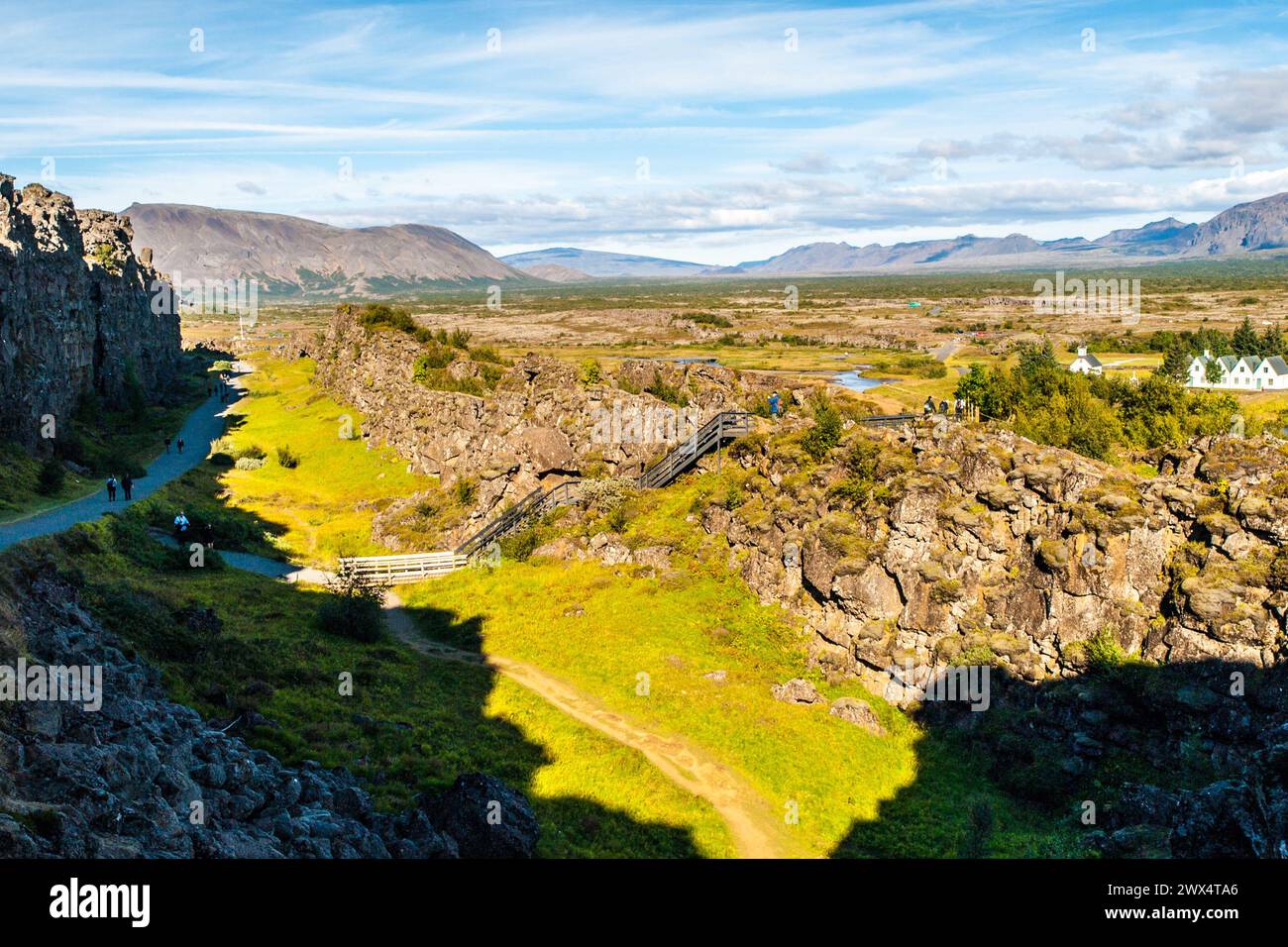 An expansive view of the geological rift at Thingvellir National Park ...