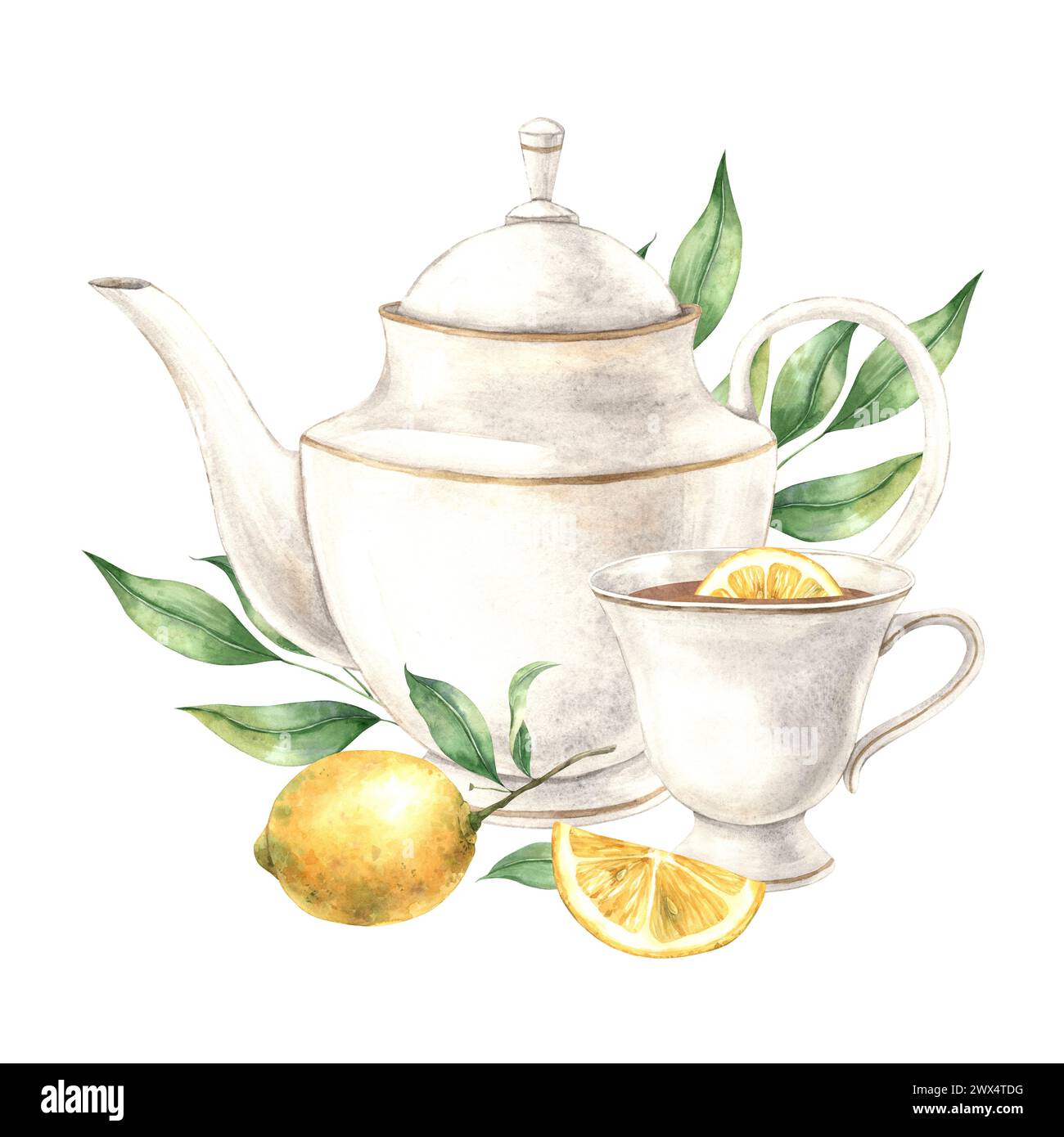 Watercolor composition with a ceramic teapot and mug, leaves and juicy ...