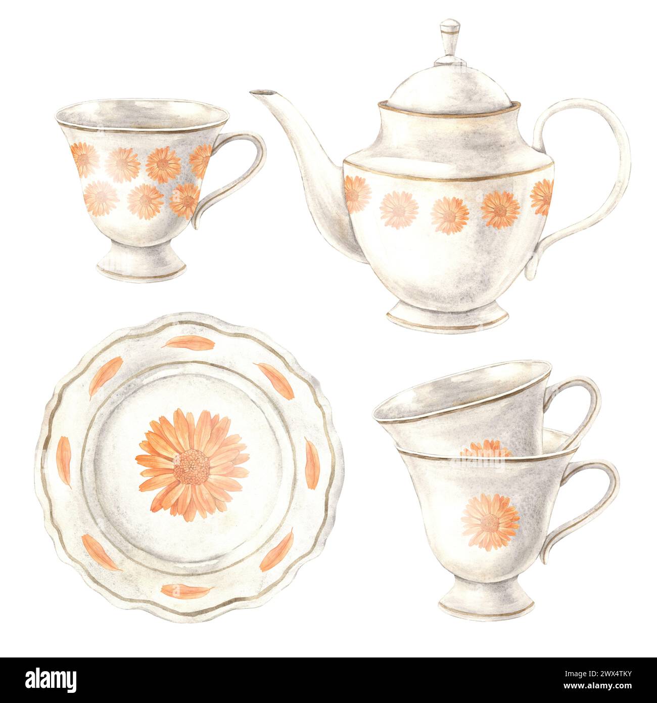 Vintage watercolor tableware set with calendula flower pattern. The ...
