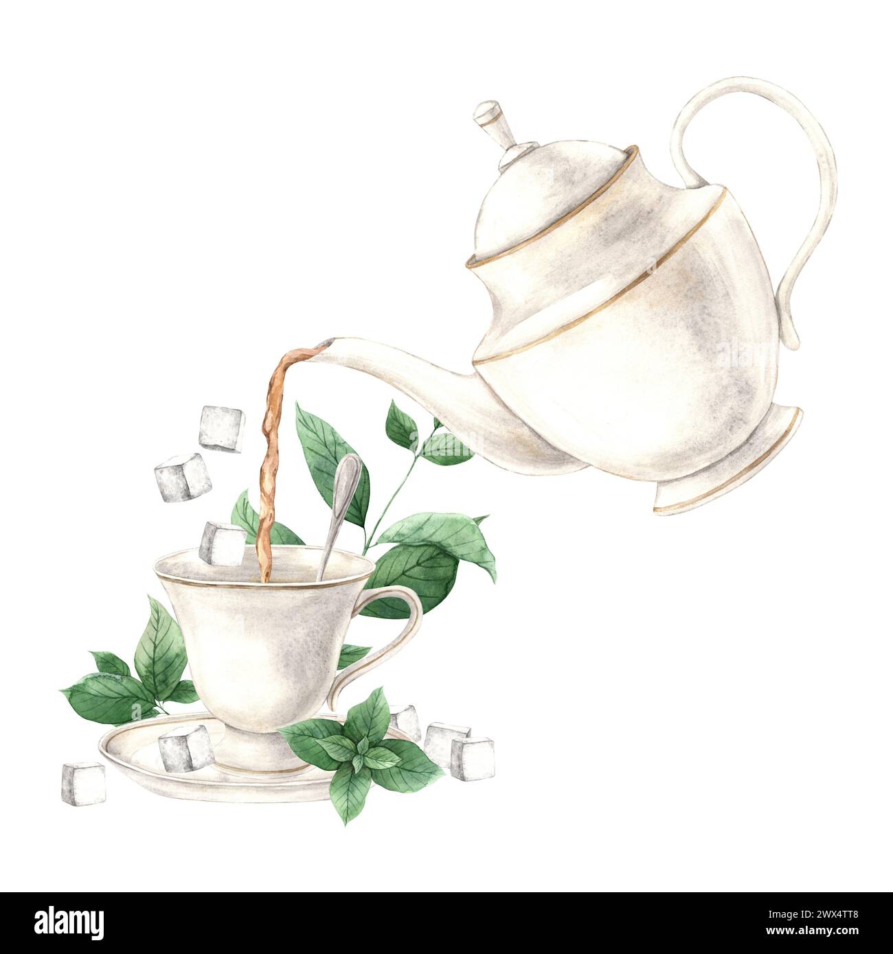 Watercolor composition of a teapot pouring tea into a mug with mint and ...