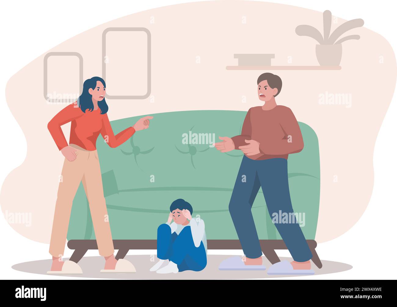 Vector illustration of parents arguing with a sad child covering ears ...