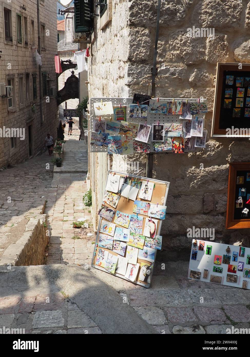 Kotor, Montenegro, August 11, 2022: souvenir cards, drawings, pictures ...