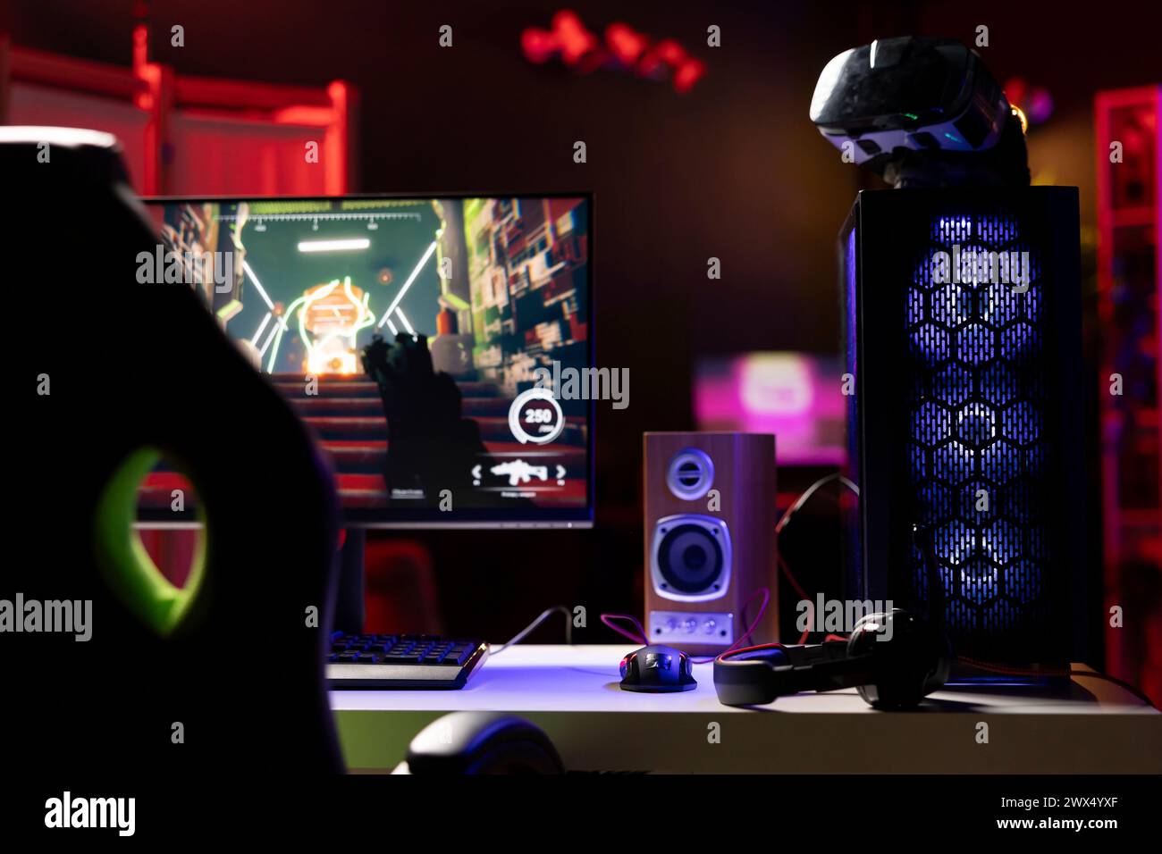 Professional gaming empty room studio with neon lights and RGB lit ...