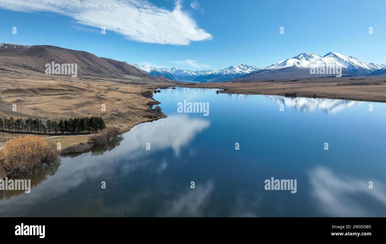 Aerial views of the alpine Lake Clearwater in NZ South island Ashburton ...