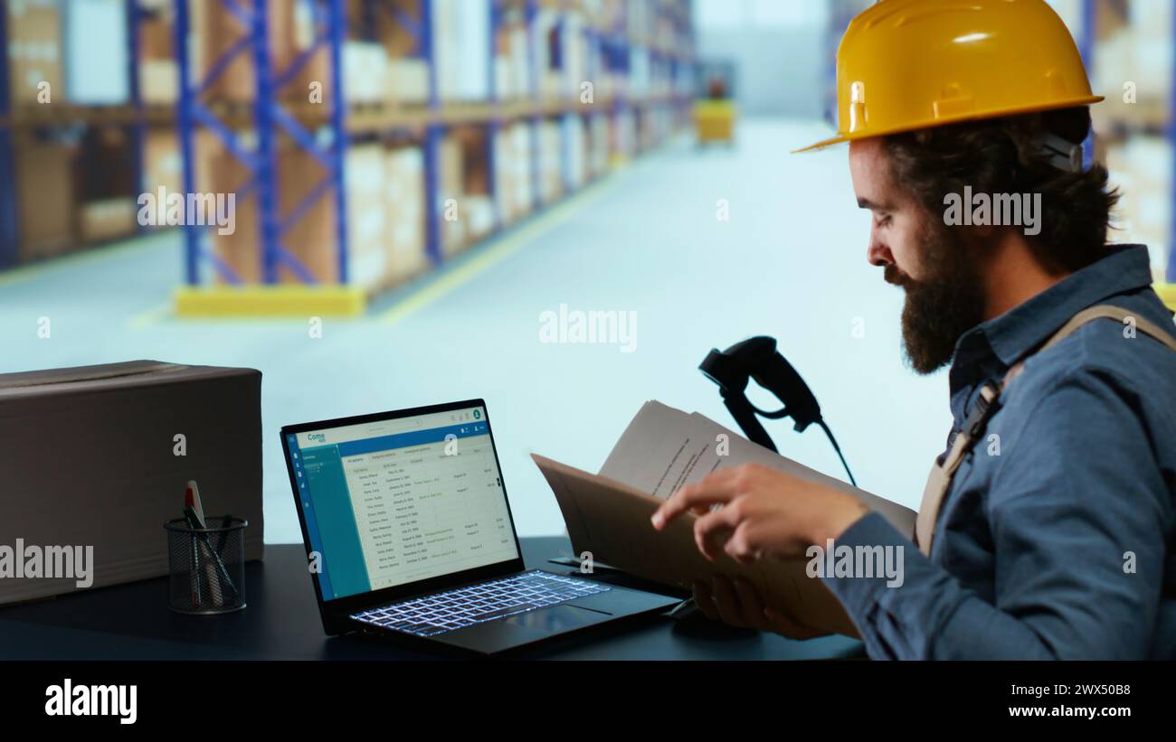 Export manager creating invoice for cargo shipment, working on delivery ...