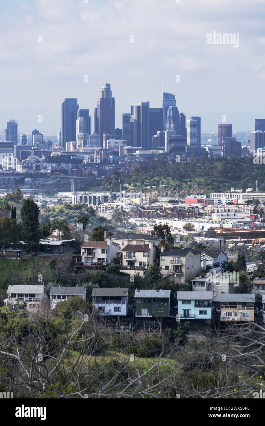 Downtown Los Angeles skyline with hillside homes in foreground ...