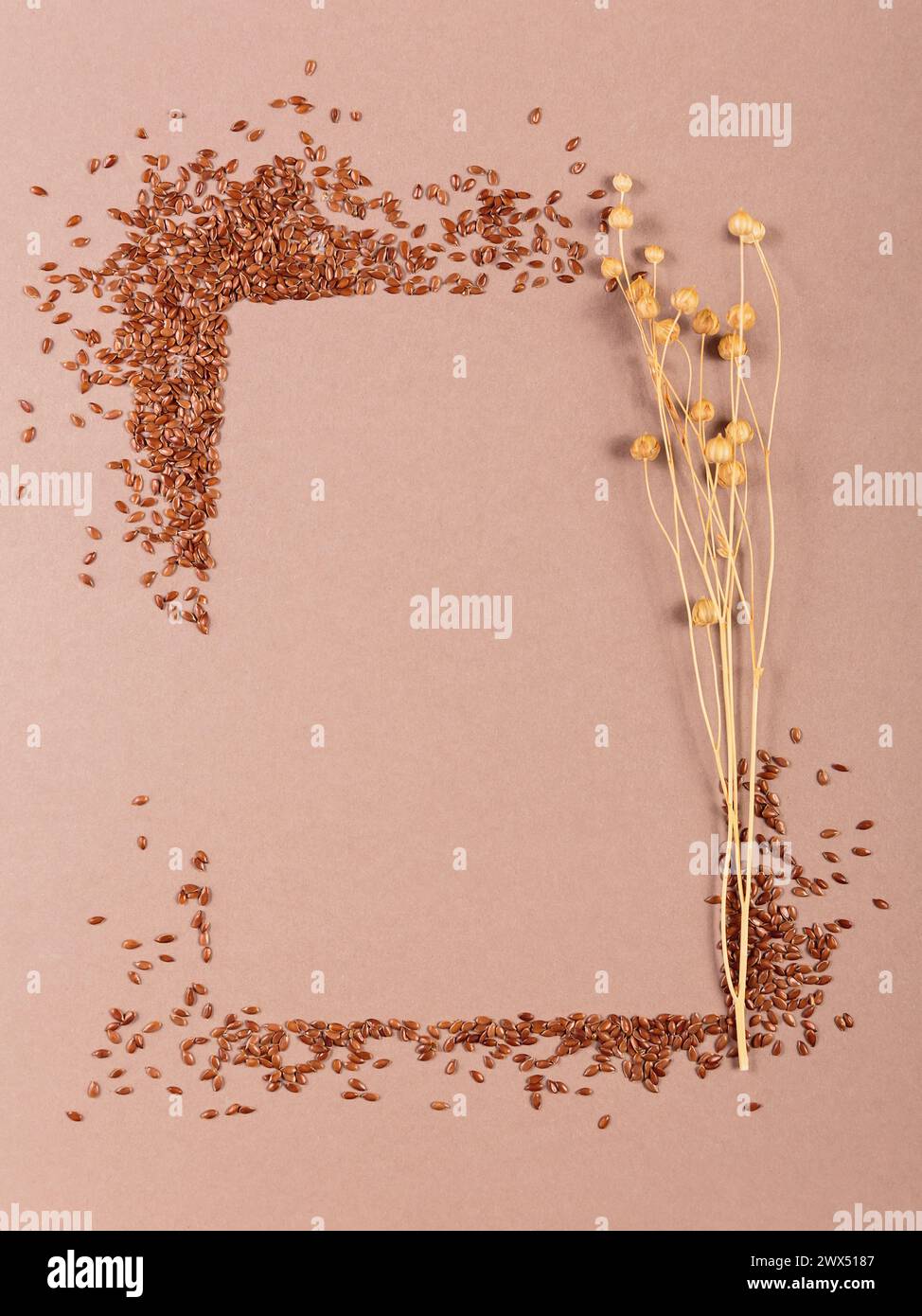 Frame from brown linen seeds on beige background Stock Photo - Alamy