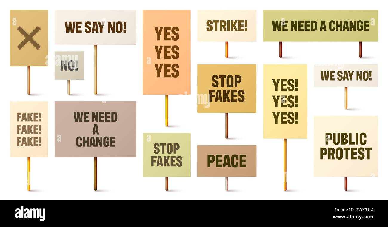 Colorful protest signs with slogan on wooden holder. Realistic vector ...
