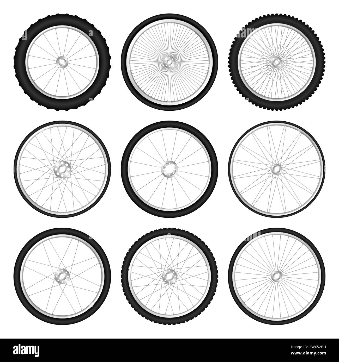 Realistic 3d bicycle wheels. Bike rubber tyres, shiny metal spokes and ...