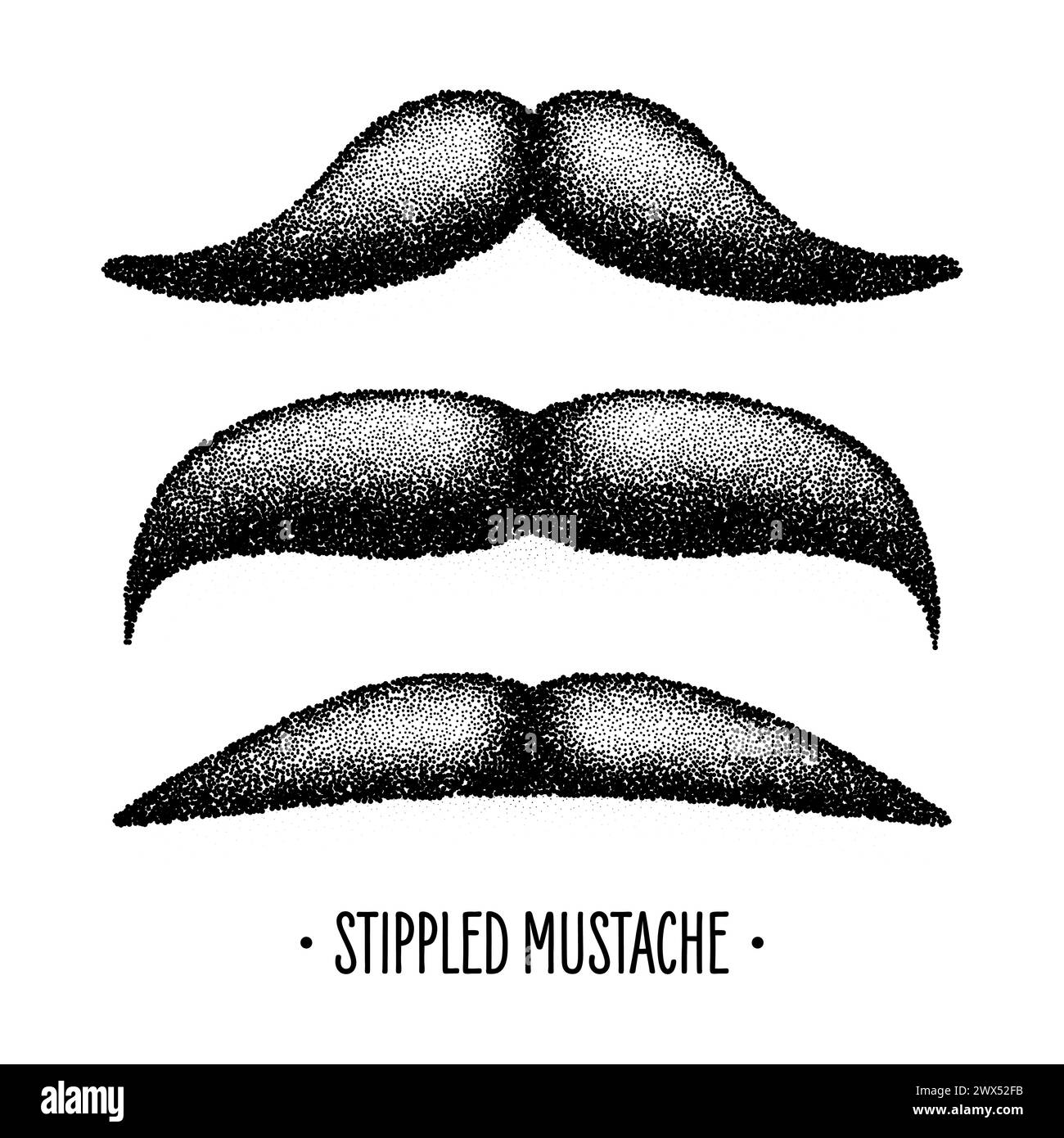 Stippled vintage mustache. Curly facial hair. Hipster beard. Stippling ...