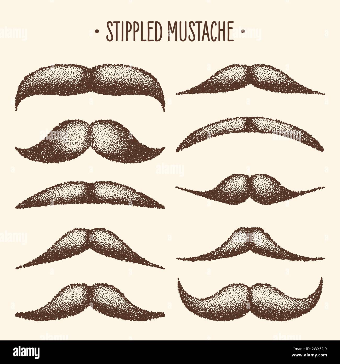 Brown stippled vintage mustache. Curly facial hair. Hipster beard ...