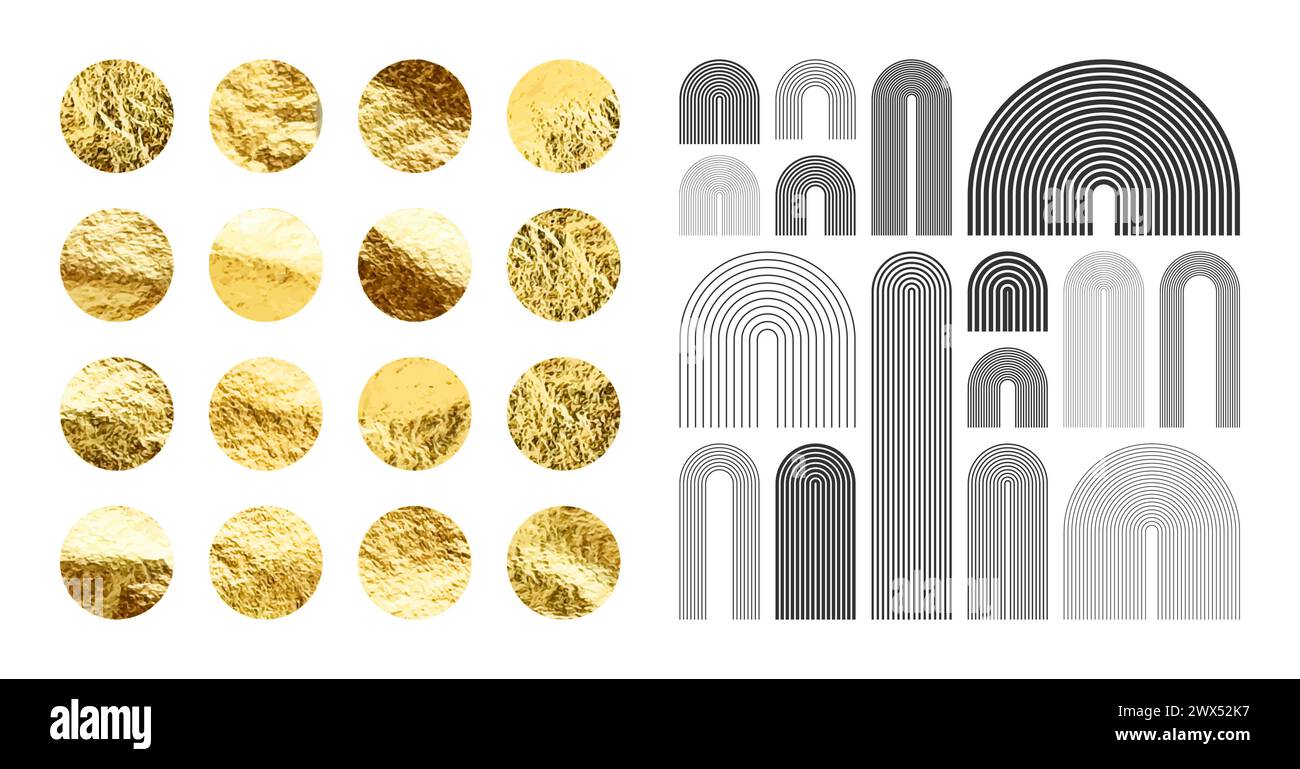 Mid century arch elements, modern geometric shapes. Gold foil, shiny ...