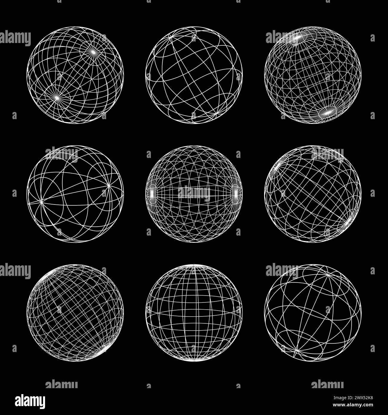 Wireframe shapes, lined sphere. Perspective mesh, 3d grid. Low poly ...