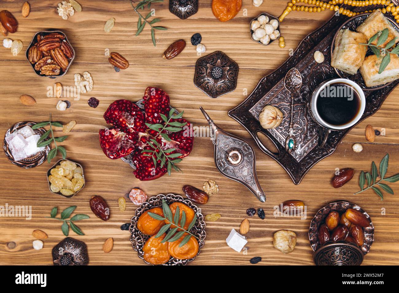 Ramadan table top view. Banner with traditional Arabic dishes, cup of ...