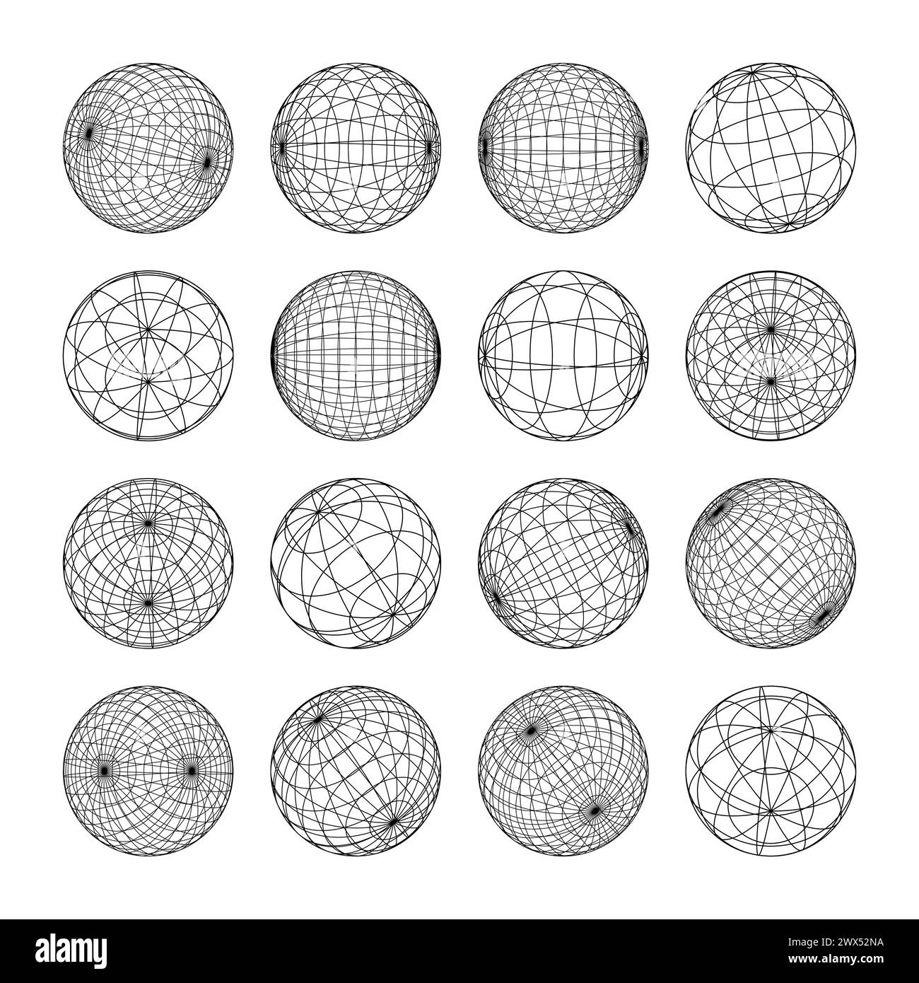 Wireframe shapes, lined sphere. Perspective mesh, 3d grid. Low poly ...