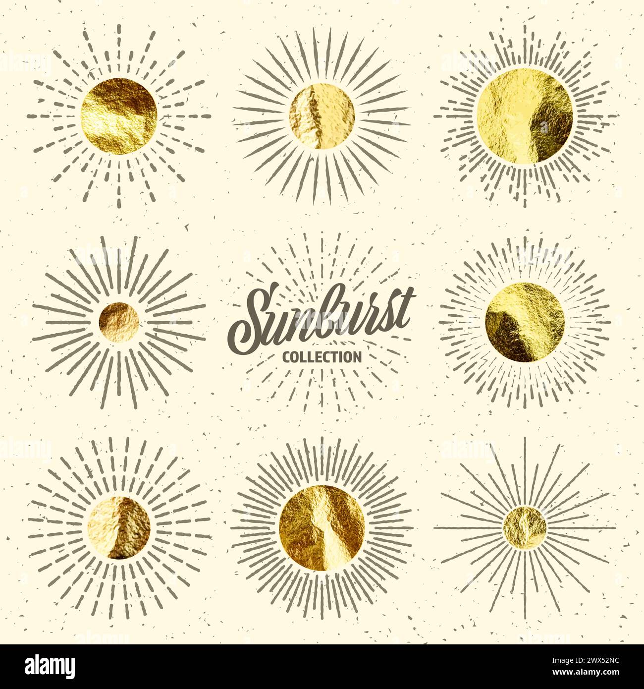 Vintage grunge sunburst sunset beams. Gold foil, shiny handmade circles ...