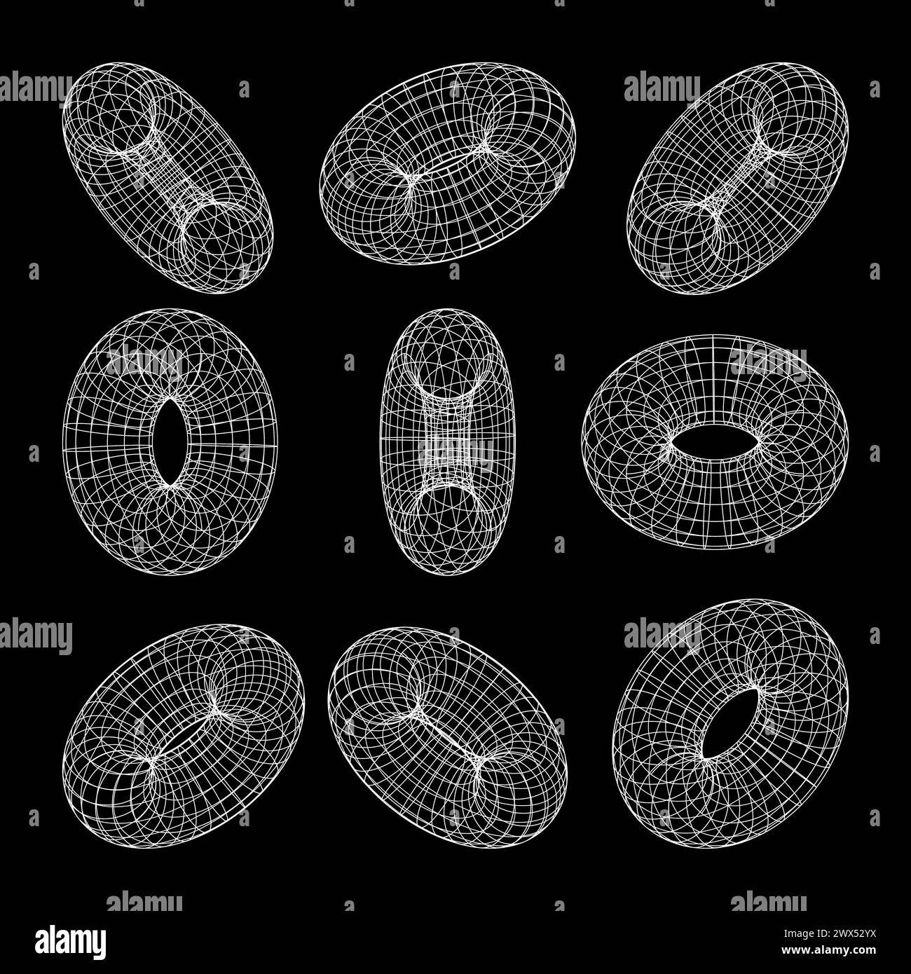 Wireframe shapes, lined torus. Perspective mesh, 3d grid. Low poly geometric elements. Retro ...