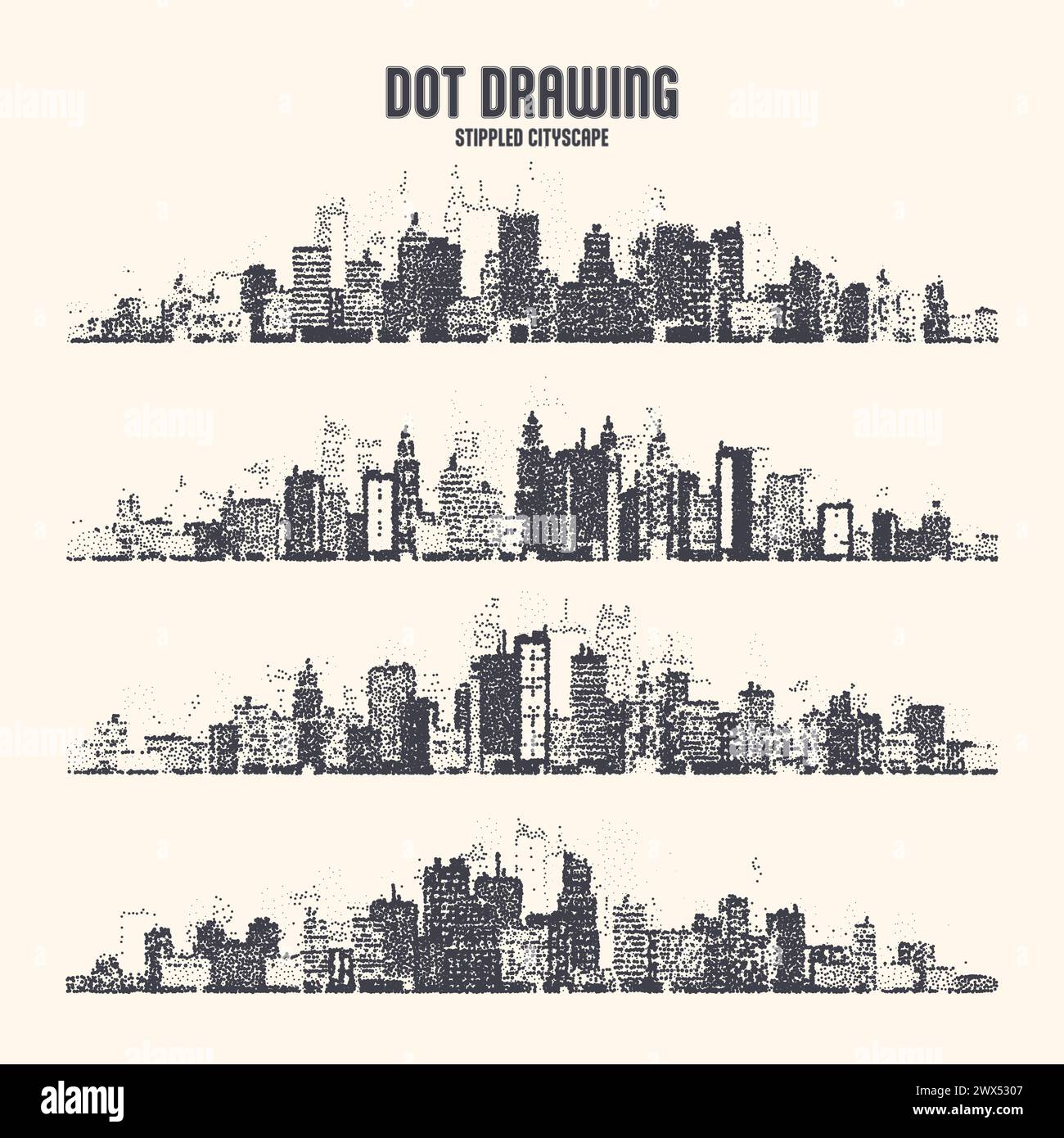 Stippled city silhouettes. Cityscape, town skyline. Midtown, downtown ...