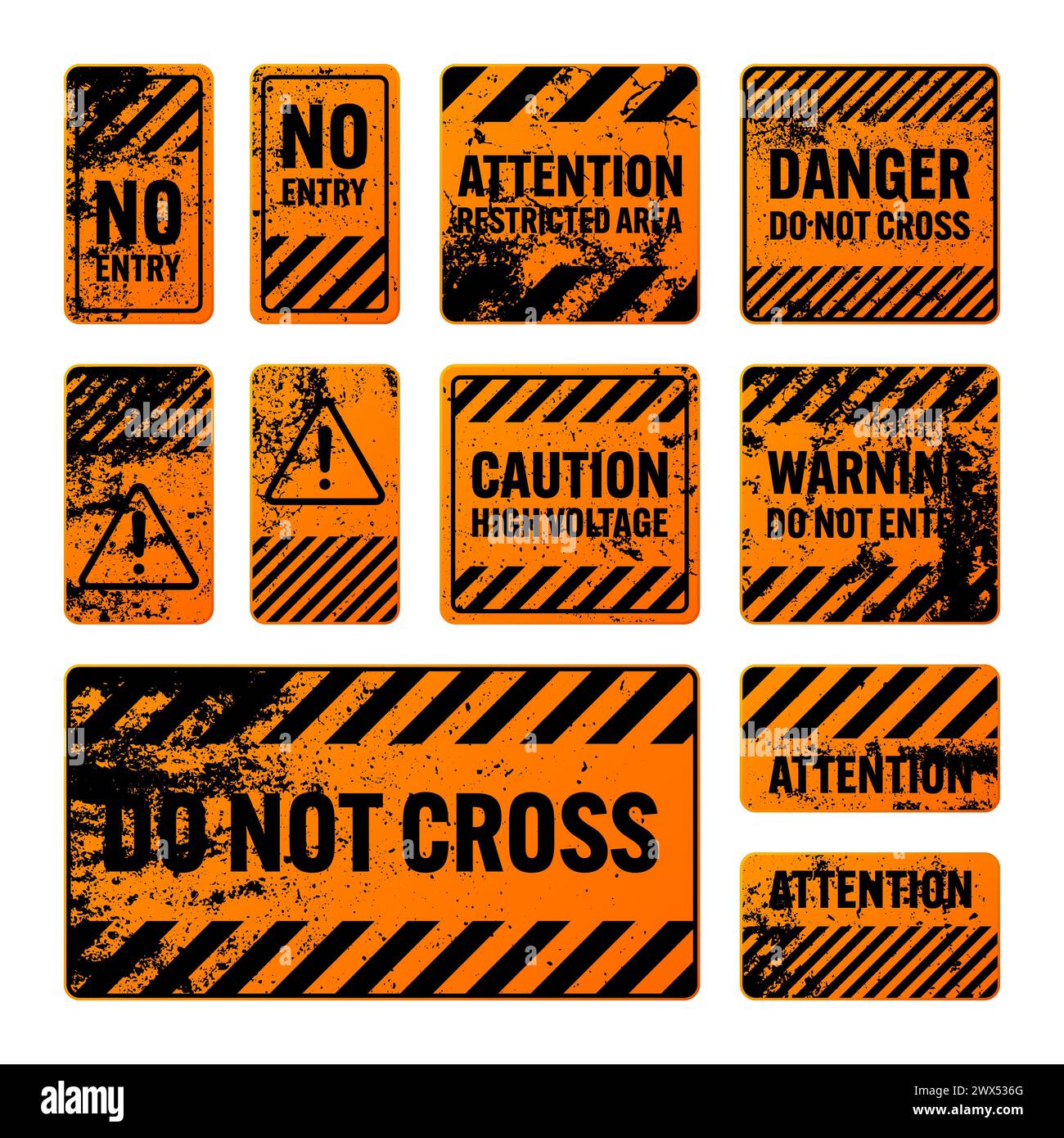 Orange grunge warning signs with diagonal lines. Old attention, danger ...
